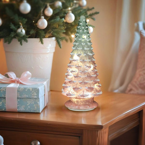 14" Pink Glass Tabletop Tree – Lit Christmas Decor with Timer | Loving ...