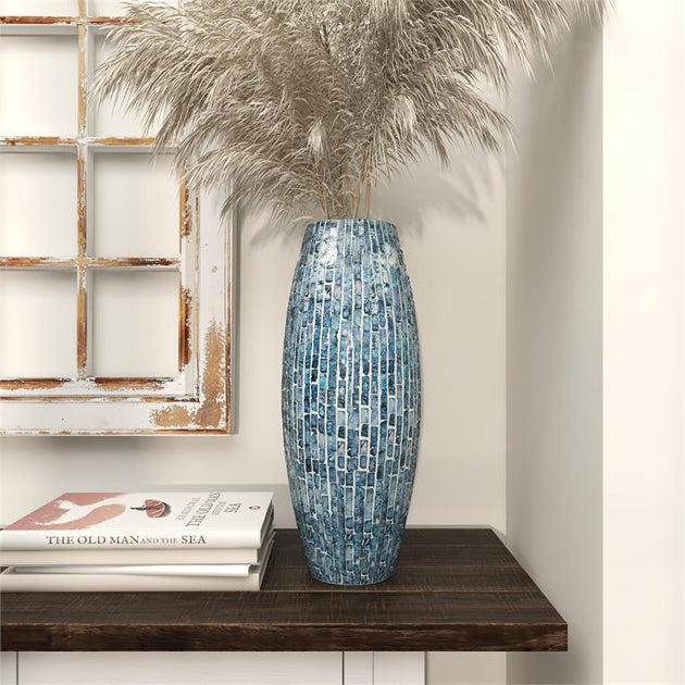 Blue Mother of Pearl Shell Decorative Vase– Mosaic Coastal Accent ...